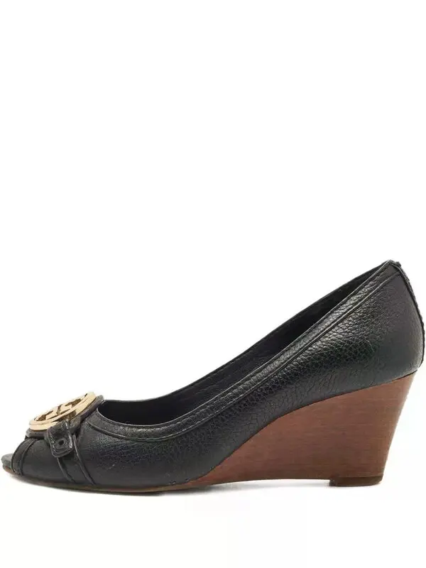 Tory Burch Leather Peep-toe Wedge Heels With Gold Logo Embellishment