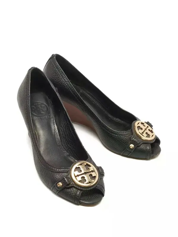 Tory Burch Leather Peep-toe Wedge Heels With Gold Logo Embellishment