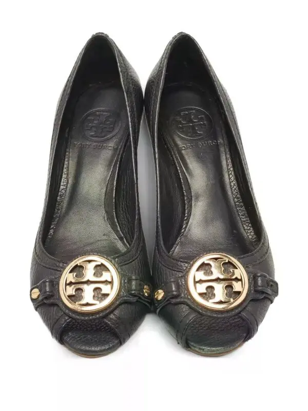 Tory Burch Leather Peep-toe Wedge Heels With Gold Logo Embellishment
