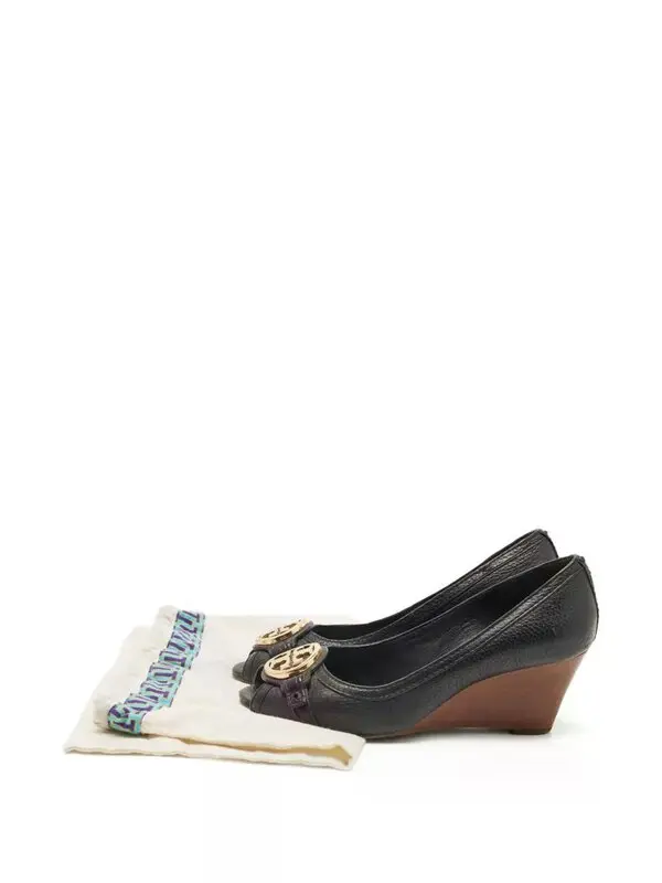 Tory Burch Leather Peep-toe Wedge Heels With Gold Logo Embellishment