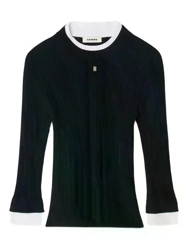 Sandro Long-sleeve Ribbed Sweater With Contrasting Trim - Blue