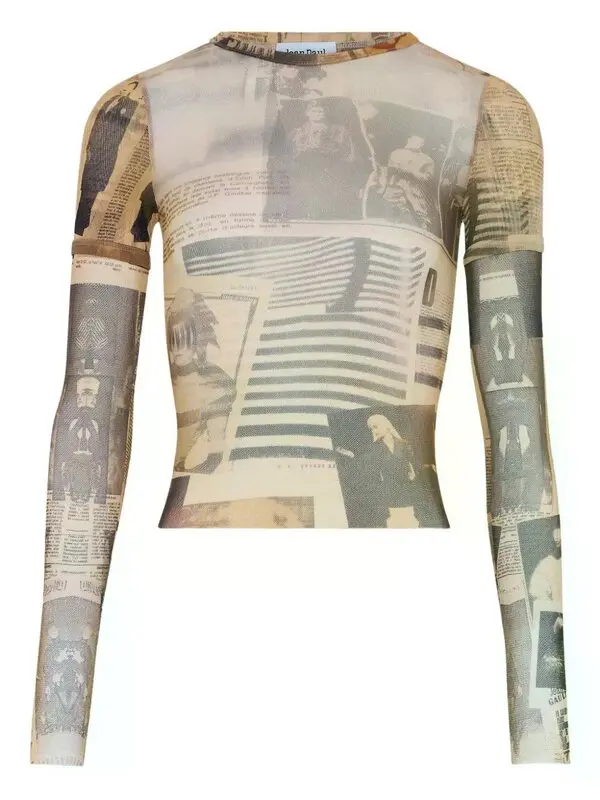 JEAN PAUL GAULTIER Double-sleeves Journal-print Top - Neutrals