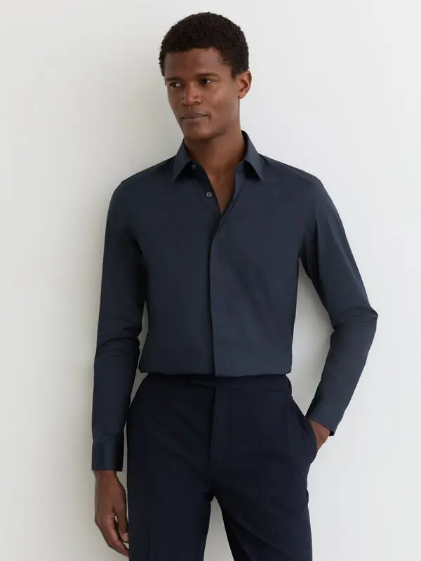 REISS Vega Stretch-cotton Concealed-placket Shirt Slim-fit - Navy