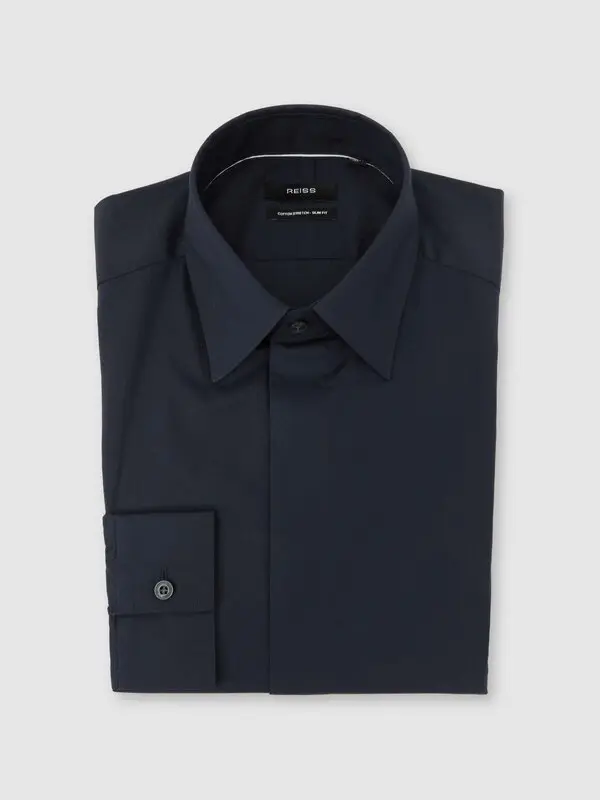 REISS Vega Stretch-cotton Concealed-placket Shirt Slim-fit - Navy