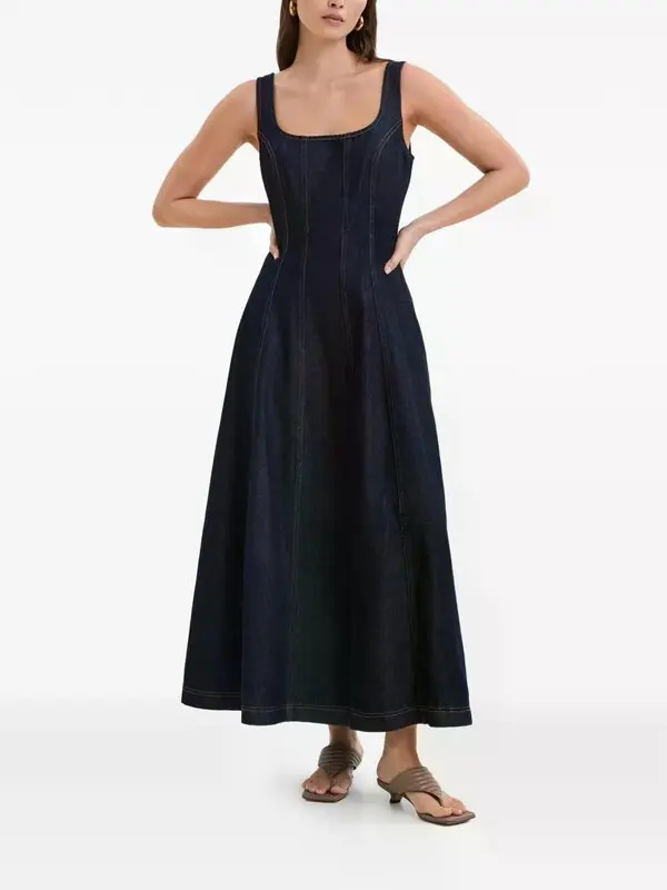 MARCELLA Melrose Square-neck Topstitching Midi Dress