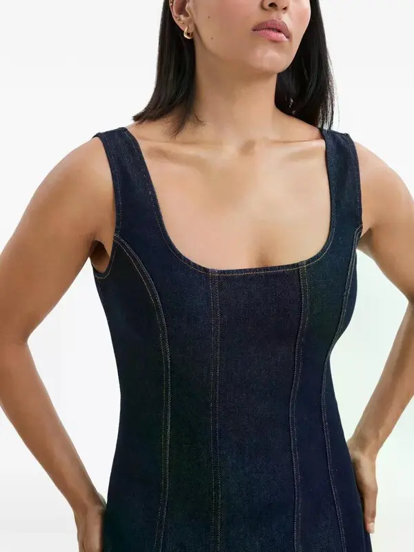 MARCELLA Melrose Square-neck Topstitching Midi Dress