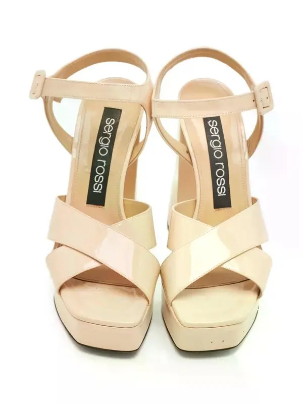 SERGIO ROSSI Beige Patent Leather Criss-cross Platform Sandals