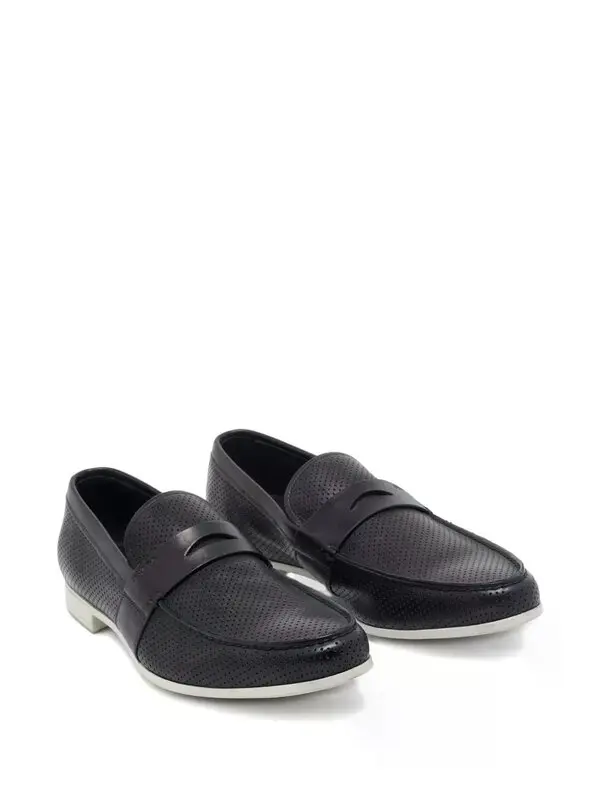 Prada Leather Loafers With Perforated Design And Penny Strap