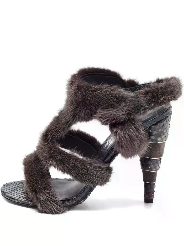 FERRAGAMO Fur And Python Leather Sandals