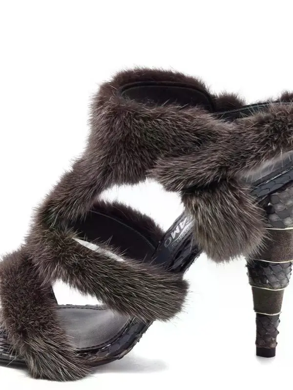 FERRAGAMO Fur And Python Leather Sandals