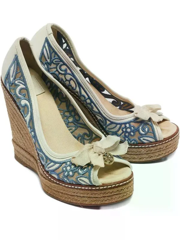 Tory Burch Lace And Leather Wedge Pumps - Blue