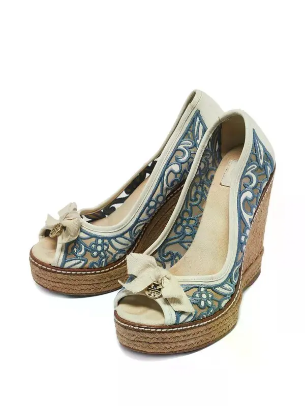 Tory Burch Lace And Leather Wedge Pumps
