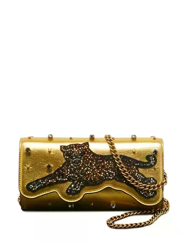 Gucci Embroidered-tiger Studded Clutch - Gold