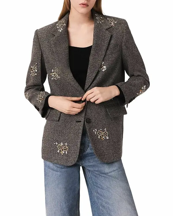 Maje Vivron Embroidered Herringbone Jacket
