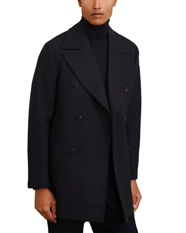 REISS Wool Blend Double Breasted Pea Coat - Navy