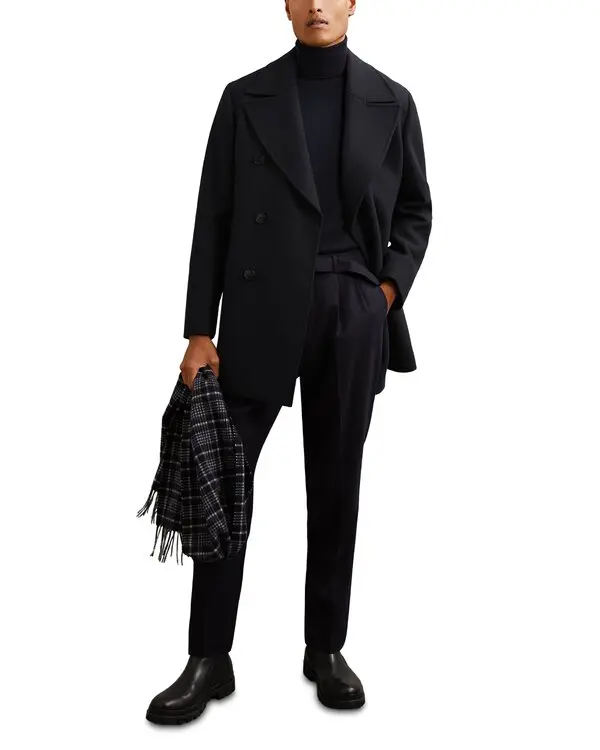 REISS Wool Blend Double Breasted Pea Coat - Navy