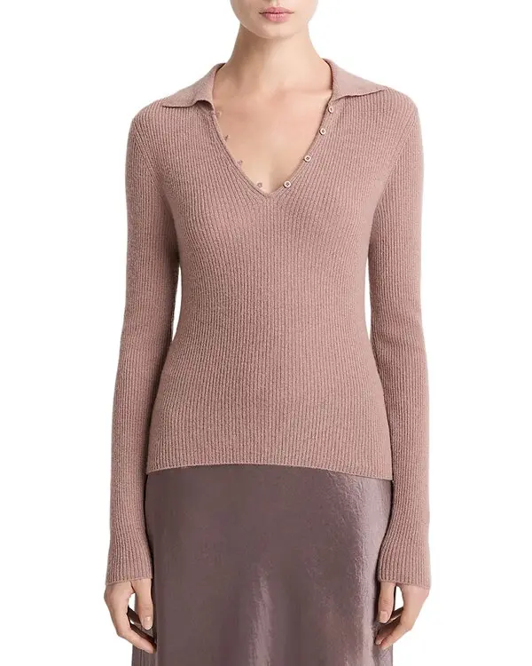 Vince Cashmere Silk Ribbed Polo Top - Beet Root