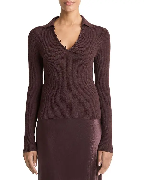 Vince Cashmere Silk Ribbed Polo Top - Fig