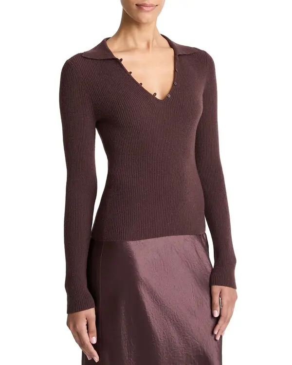Vince Cashmere Silk Ribbed Polo Top - Fig