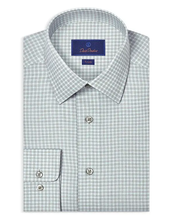 David Donahue Trim Fit Cashmere Blend Twill Check Dress Shirt - Sage