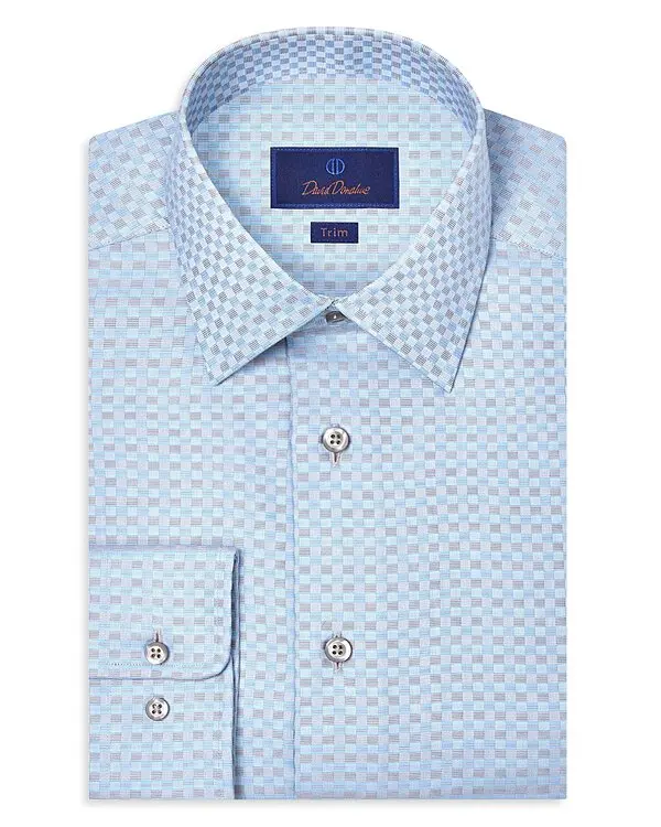 David Donahue Trim Fit Dobby Check Dress Shirt - Sky/ Grey