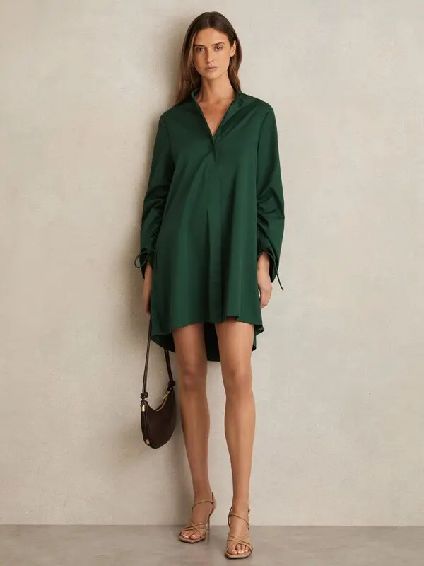 REISS Cotton Gathered Cut-out Shirt Dress - Green
