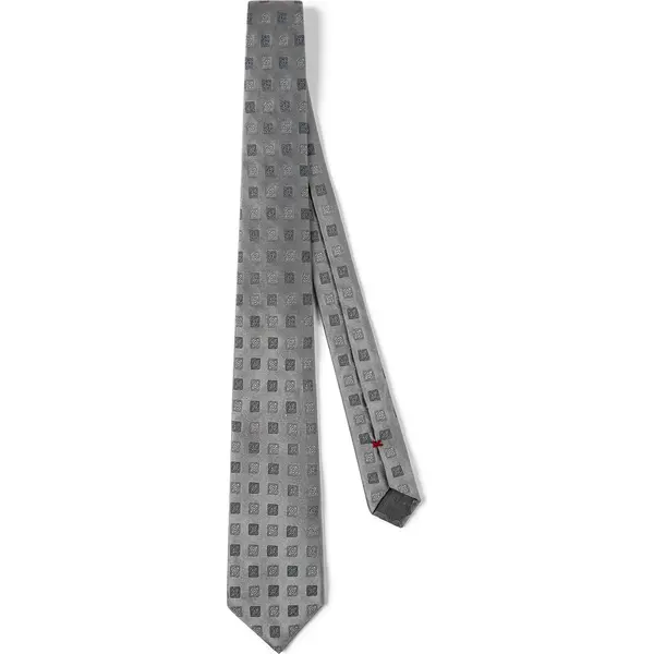 Brunello Cucinelli Silk Neck Tie With Squares Pattern - Light Grey