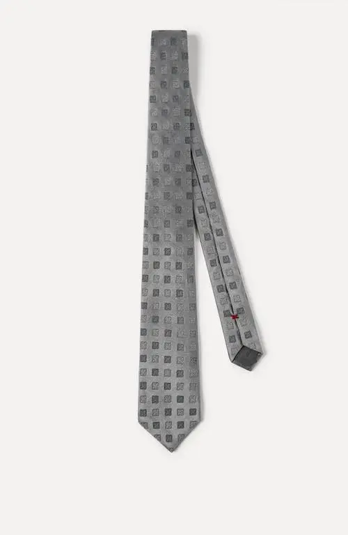 Brunello Cucinelli Silk Neck Tie With Squares Pattern - Light Grey