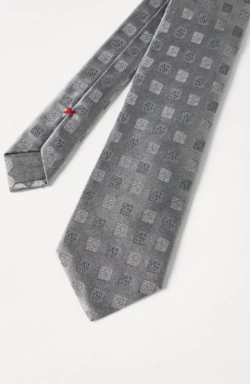 Brunello Cucinelli Silk Neck Tie With Squares Pattern - Light Grey