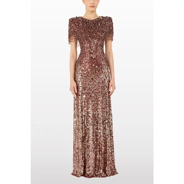 Jenny Packham Eugenie Sequin Fringed Maxi Dress - Bronze