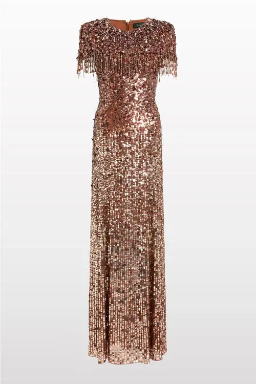 Jenny Packham Eugenie Sequin Fringed Maxi Dress - Bronze