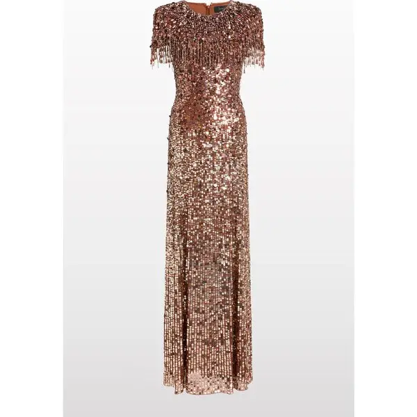 Jenny Packham Eugenie Sequin Fringed Maxi Dress - Bronze