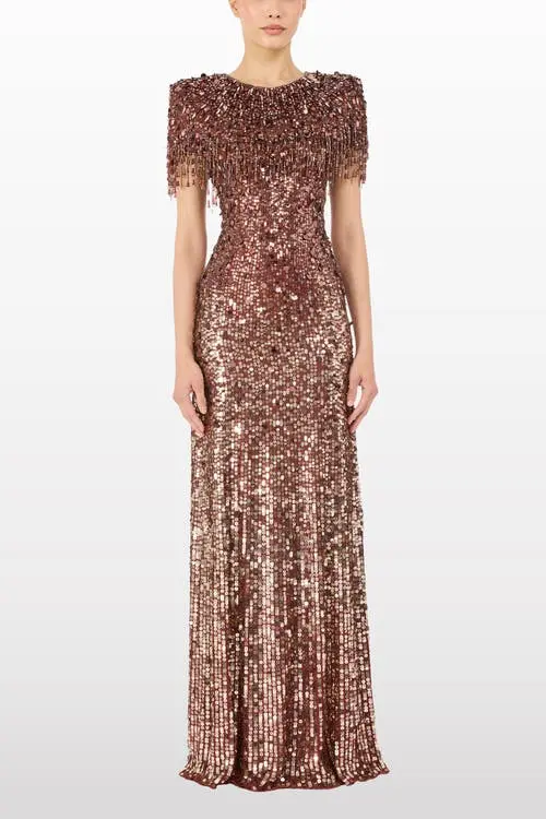 Jenny Packham Eugenie Sequin Fringed Maxi Dress - Bronze