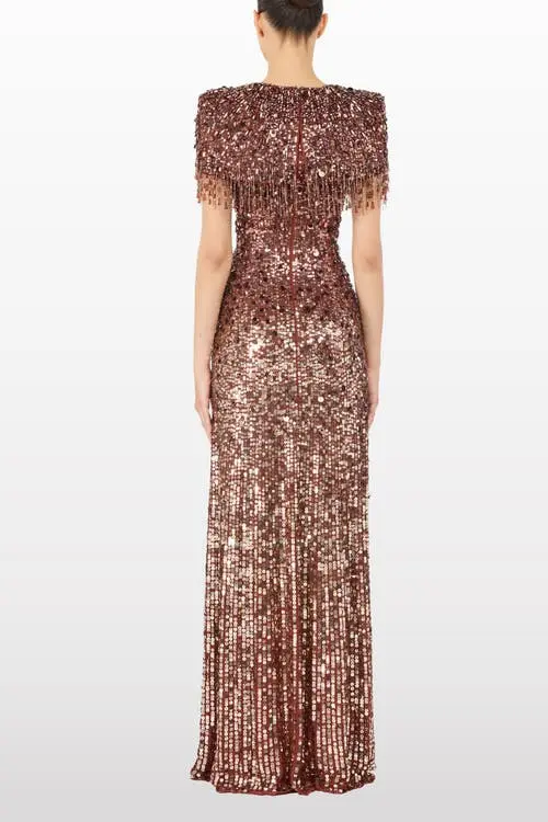 Jenny Packham Eugenie Sequin Fringed Maxi Dress - Bronze