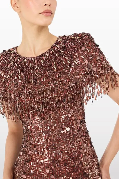 Jenny Packham Eugenie Sequin Fringed Maxi Dress - Bronze