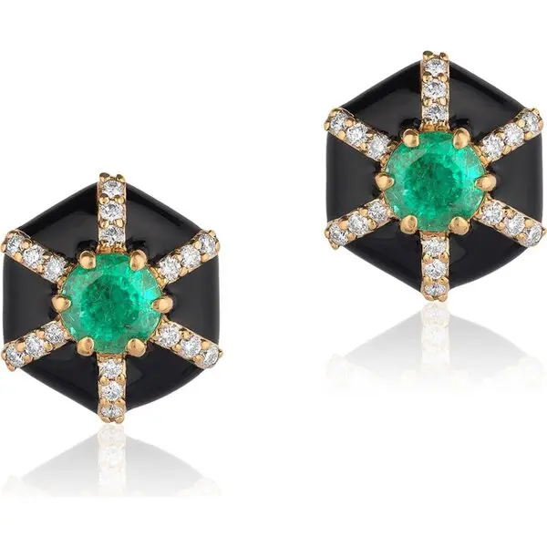 Goshwara Queen Hexagon Emerald & Diamond Stud Earrings - Green/black