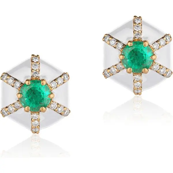 Goshwara Queen Hexagon Emerald & Diamond Stud Earrings - Green/white
