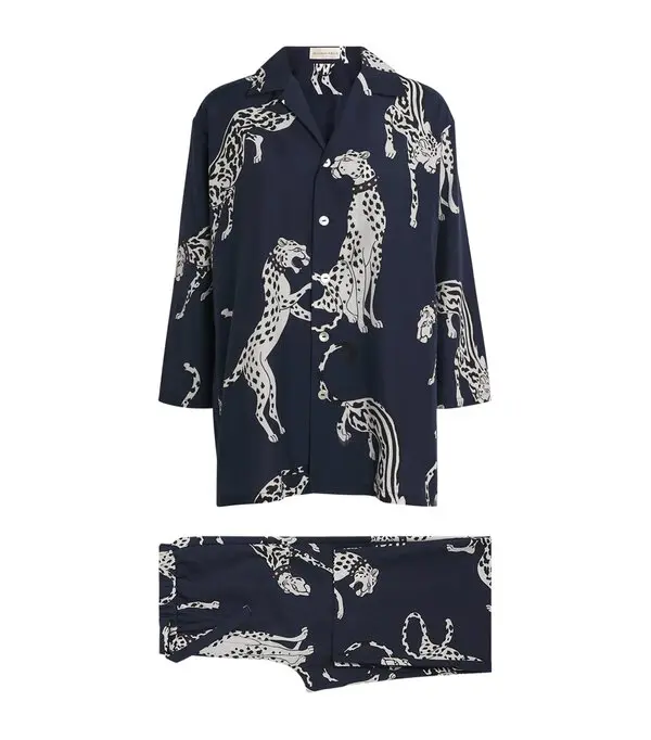 Olivia Von Halle Cotton-silk Cheetah Casablanca Pyjama Set - Navy
