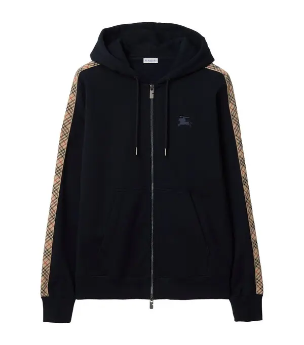 Burberry Cotton Check-trim Zip-up Hoodie - Navy
