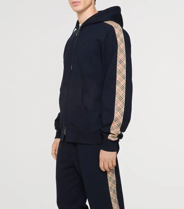 Burberry Cotton Check-trim Zip-up Hoodie - Navy