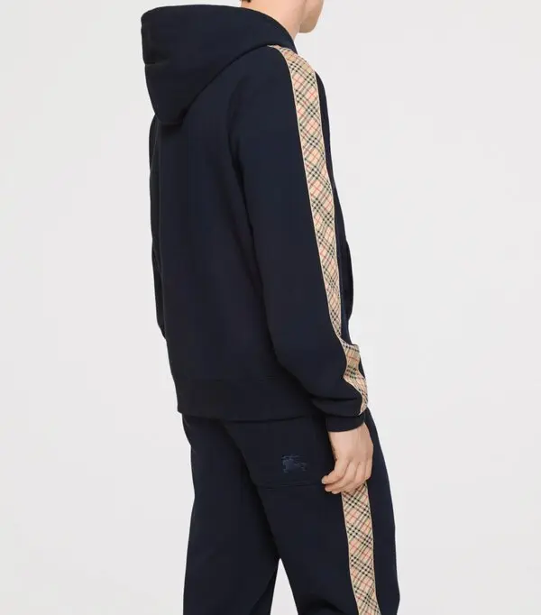 Burberry Cotton Check-trim Zip-up Hoodie - Navy