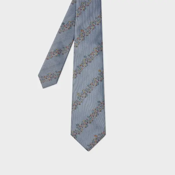 Paul Smith Floral Stripe Embroidered Tie - Blue