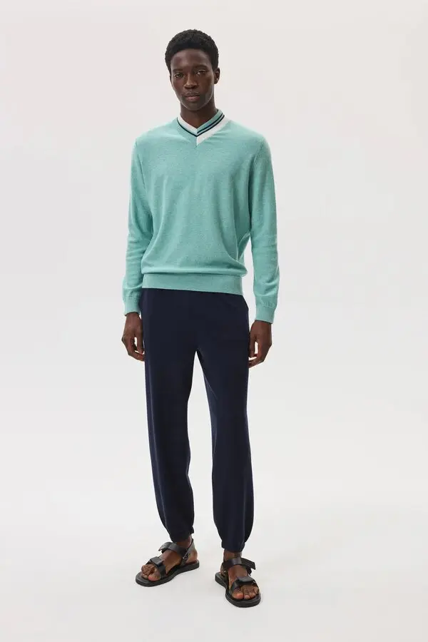 Johnstons Of Elgin Cashmere V-neck Jumper With Striped Trim