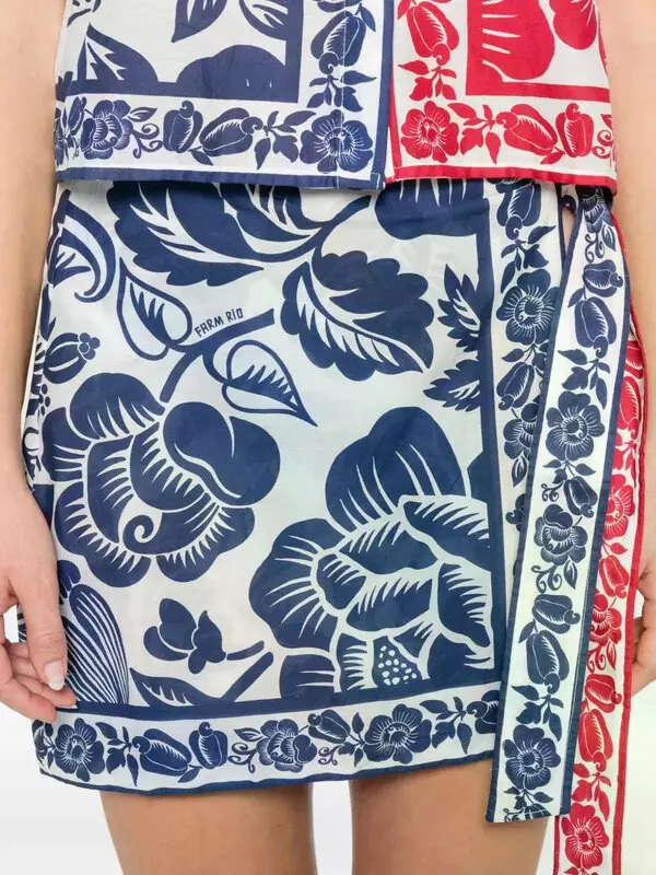 Farm Rio Floral-print Tie Skirt - Blue