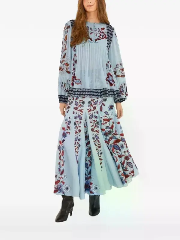 Farm Rio Marcelle Floral-print Pleated Blouse - Blue