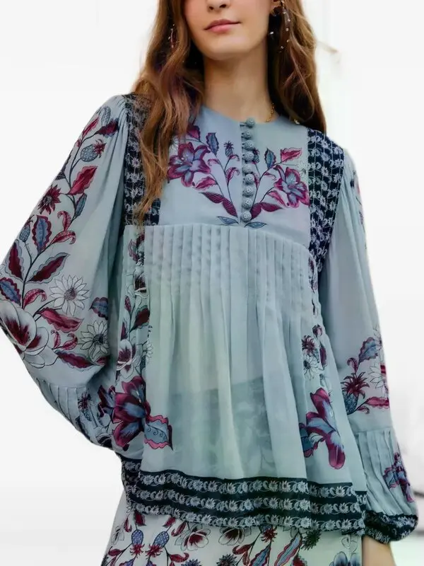 Farm Rio Marcelle Floral-print Pleated Blouse