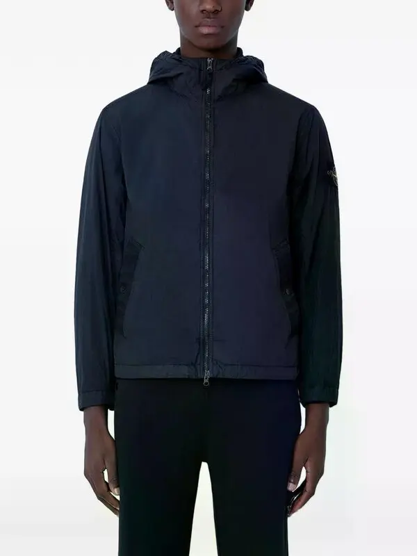 Stone Island Hooded Zip-up Jacket With Badge Detail - Blue