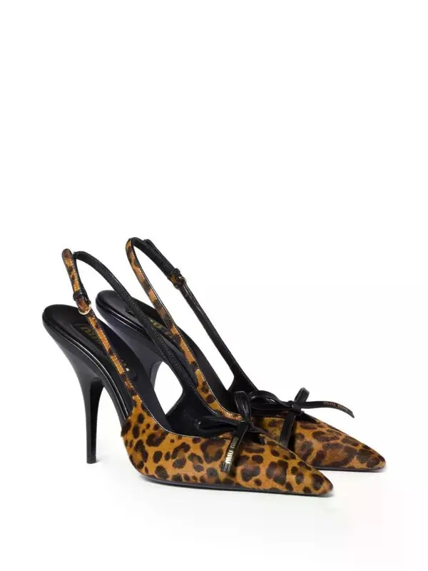 Miu Miu Printed Leather Slingback Pumps With Bow Detailing - Brown