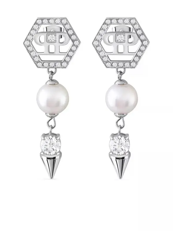 Philipp Plein Pp Spiked Pearl Drop Earrings - Silver