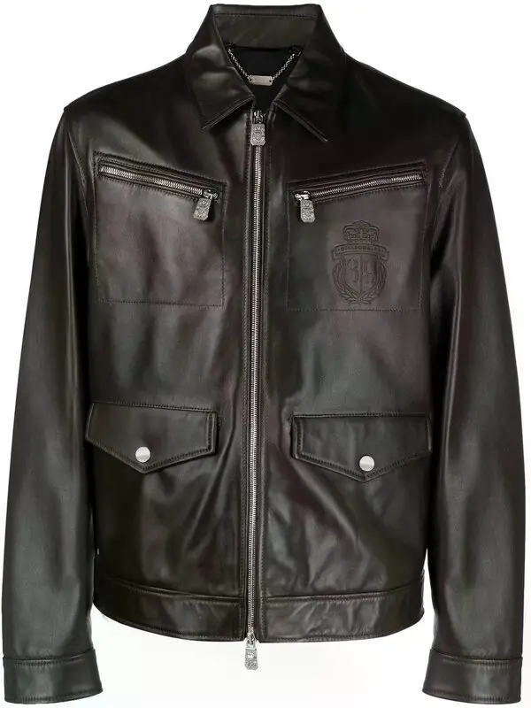 BILLIONAIRE Leather Bomber Jacket - Brown